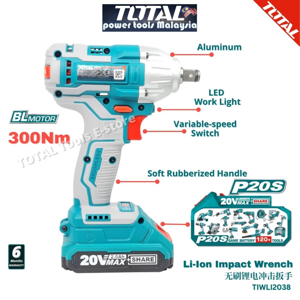 TOTAL Li-ion Impact Wrench (300-850Nm) Brushless Motor + Battery (2 Pc ...