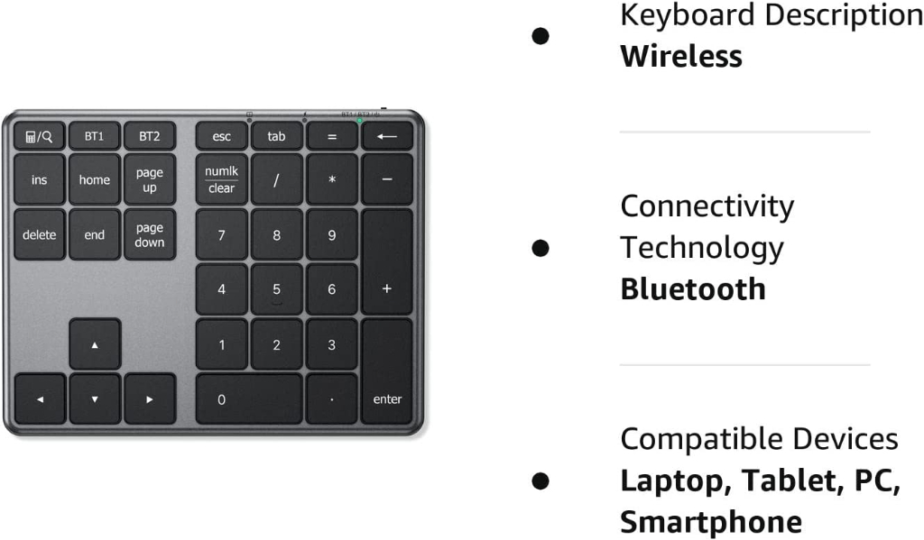 iClever KP10 Bluetooth Number Pad, Multi-Devices Wireless Number Pad, USB-C Rechargeable ...