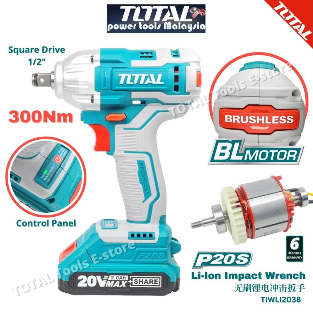 TOTAL Li-ion Impact Wrench (300-850Nm) Brushless Motor + Battery (2 Pc ...
