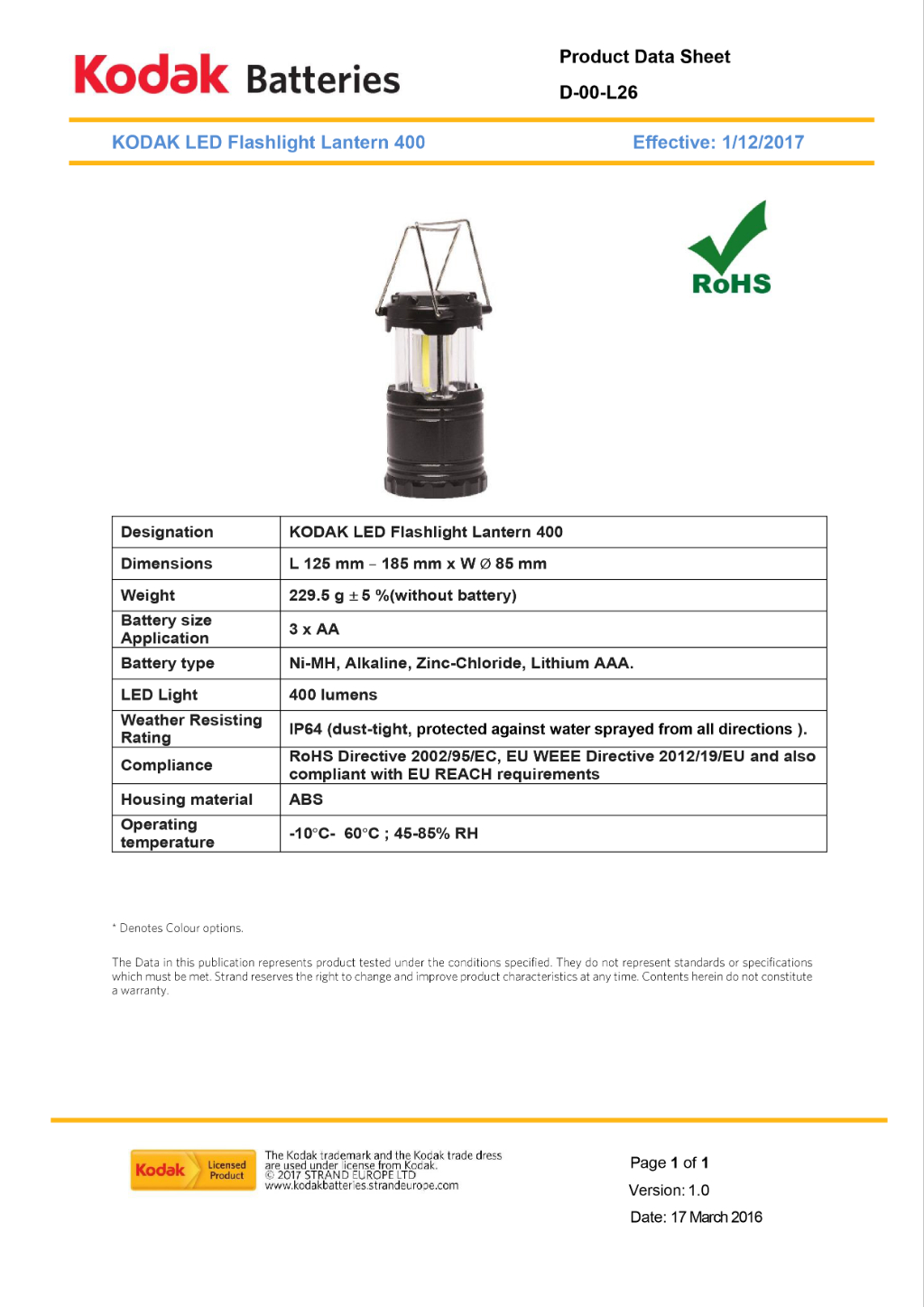 KODAK LED Lantern 400 Lumen Flashlight with 6 Drives in a CDU & COB 3W ...