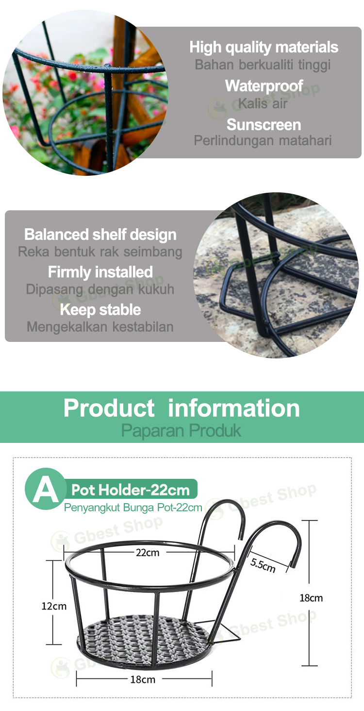 Outdoor Balcony Iron Flower Pot Rack Wall Hanging Planter Stand Plant ...