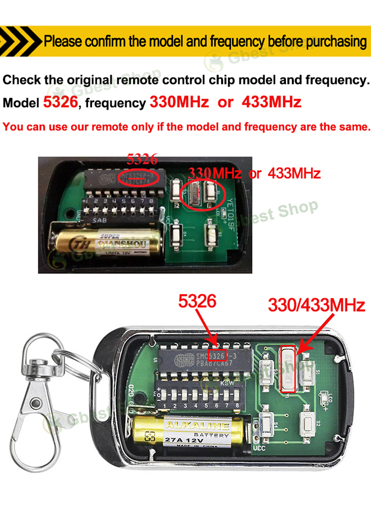 330MHz 433MHz 5326 Autogate Controller 4 Channel Door House Remote Control battery 8 Digits Dip ...