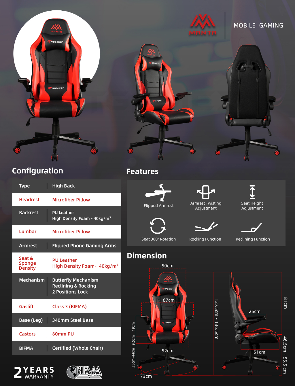 GTGAMEZ MANTA Gaming Chair Ergonomic Chair Office Chair Executive Chair ...