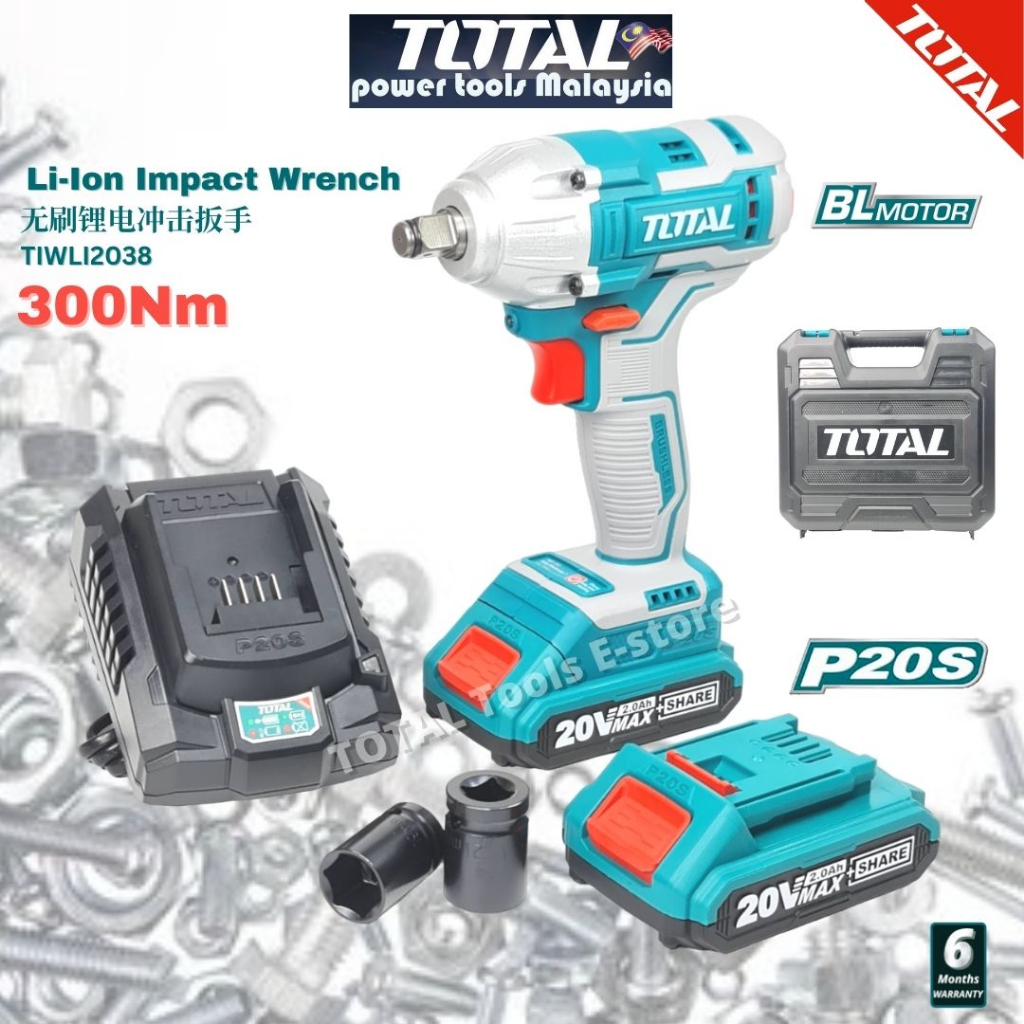 TOTAL Li-ion Impact Wrench (300-850Nm) Brushless Motor + Battery (2 Pc ...