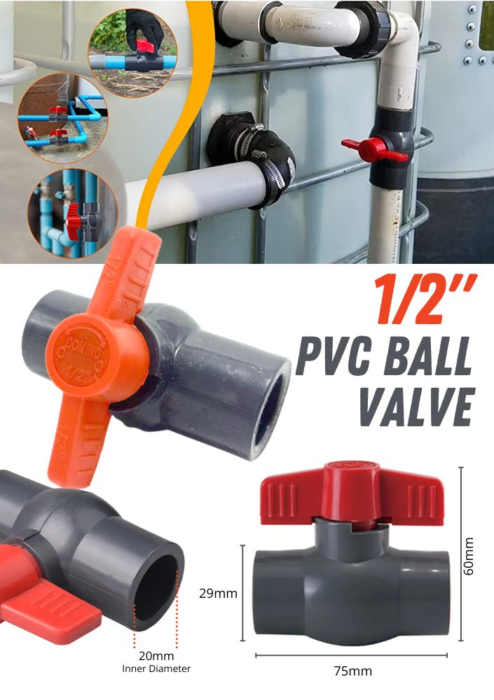 1/2" PVC BALL VALVE Socket End Compact T-Handle Water Shut-Off Valves ...