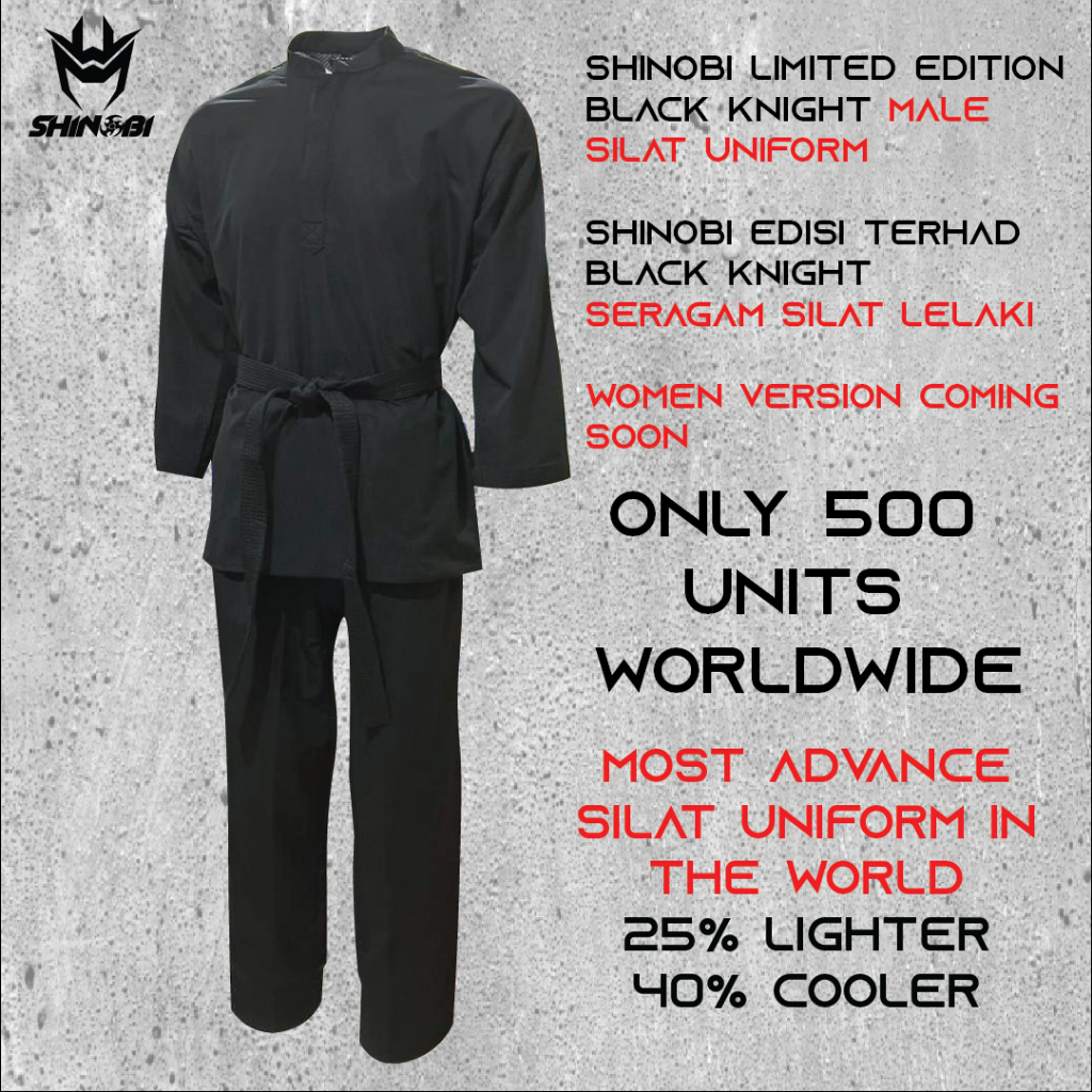 SHINOBI LIMITED EDITION BLACK KNIGHT MALE SILAT UNIFORM !!NO BELT ...