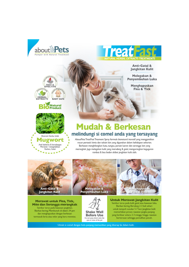 TreatFast Cat Spray Flea Tick Lice Skin Wound Infection 180ml [Treat ...