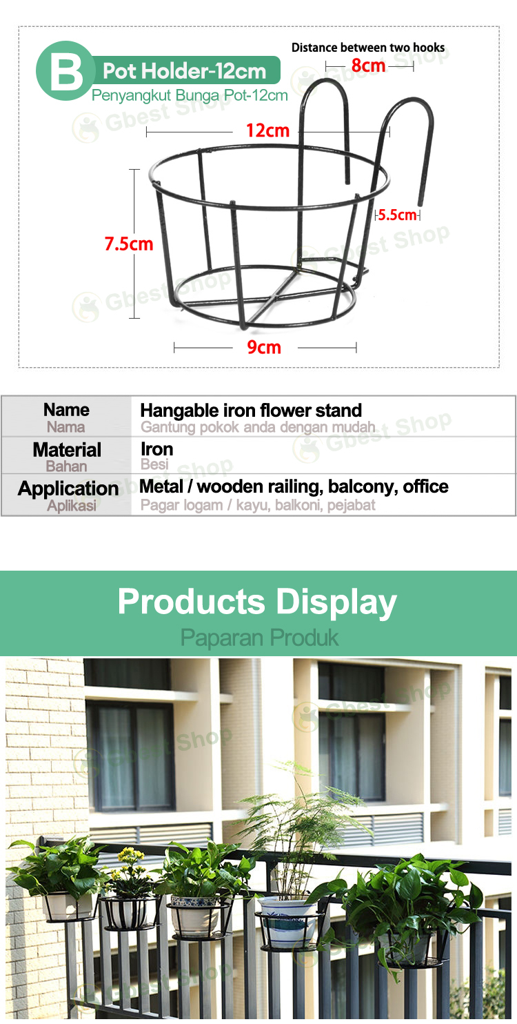 Outdoor Balcony Iron Flower Pot Rack Wall Hanging Planter Stand Plant ...
