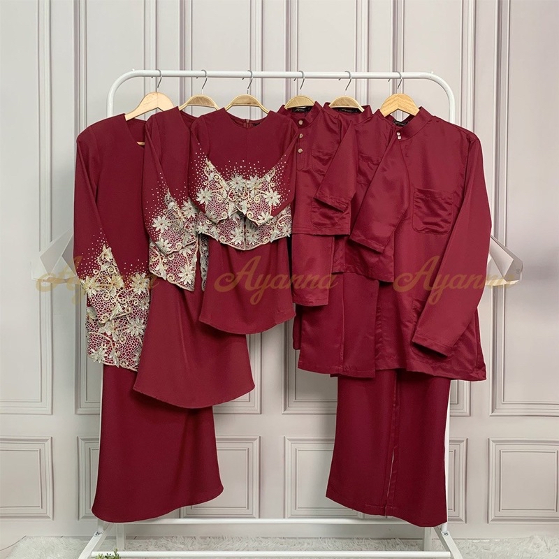 Set Family Tema Merah Hati Maroon. Baju Raya 2024. Baju Raya Plussize ...
