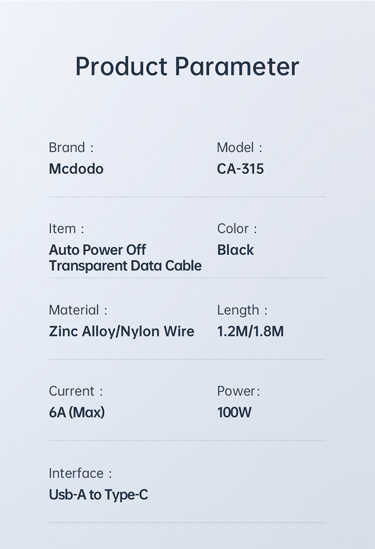 【1Yr Warranty】 MCDODO Auto Power Off L Type C Transparent Data Cable 1.2m 1.8m CA 315 284 314 ...