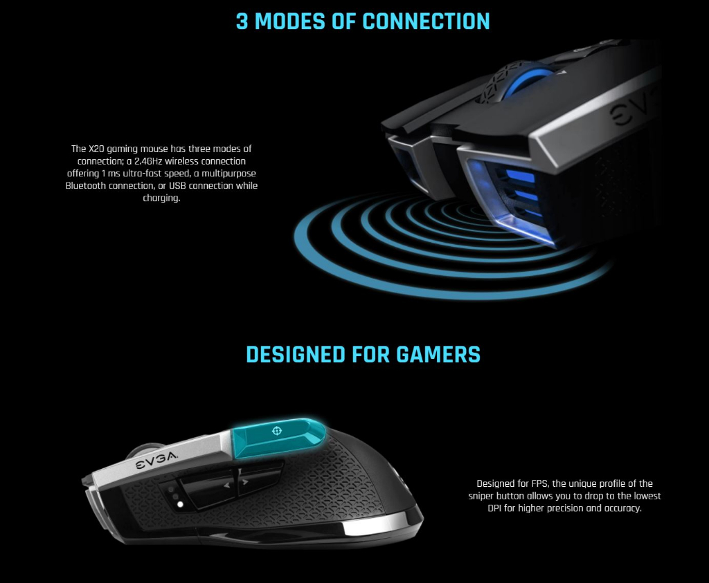 🔥Wireless🔥 EVGA X20 Gaming Mouse Customizable 16,000 DPI 5 Profiles 10 ...