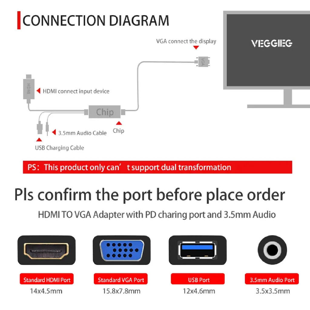 VEGGIEG HD MI to VGA Converter With Audio and Power-4K-tv box-projector ...
