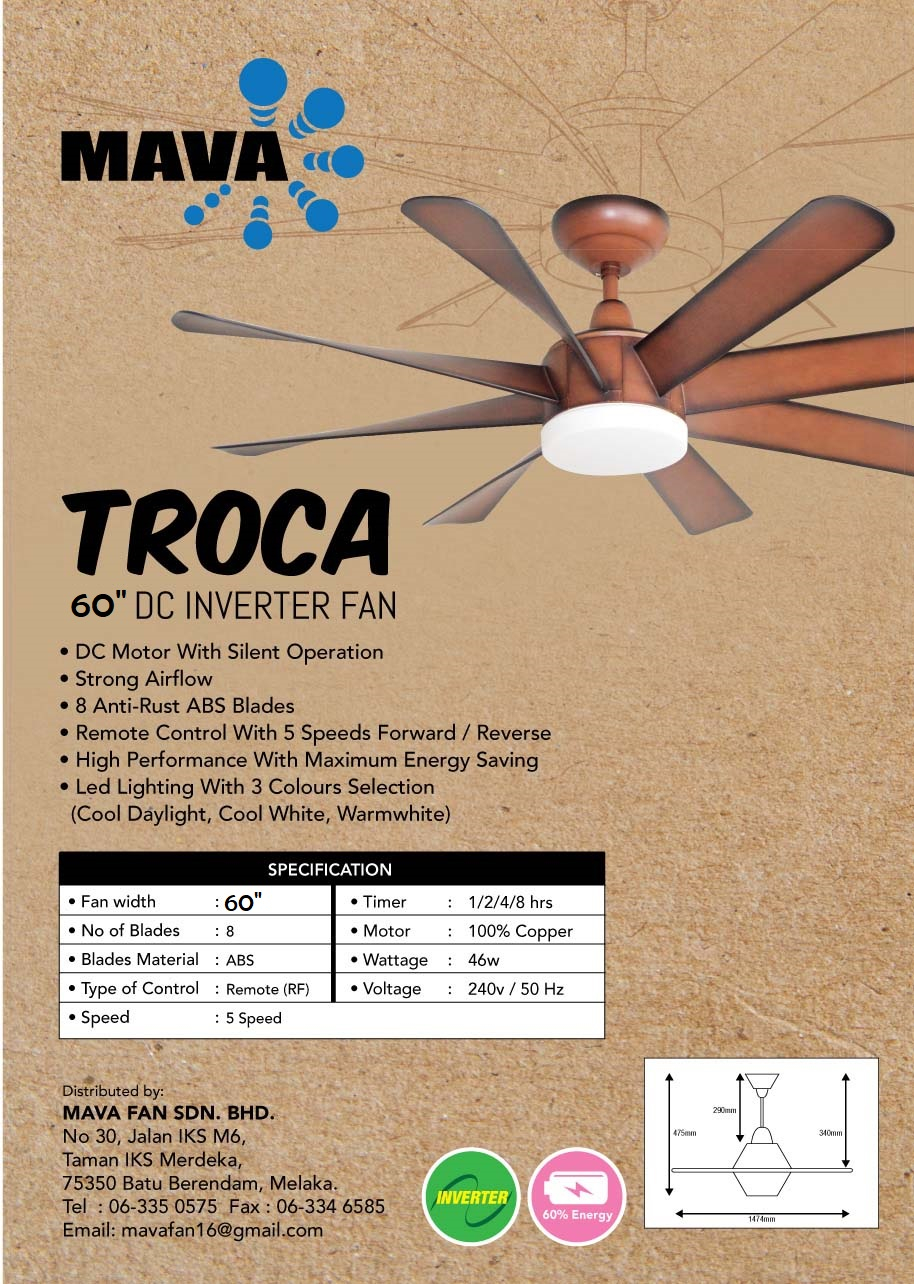 MAVA TROCA V2 60" Ceiling Fan with LED LIGHT 8 Blade (DC INVERTER MOTOR ...