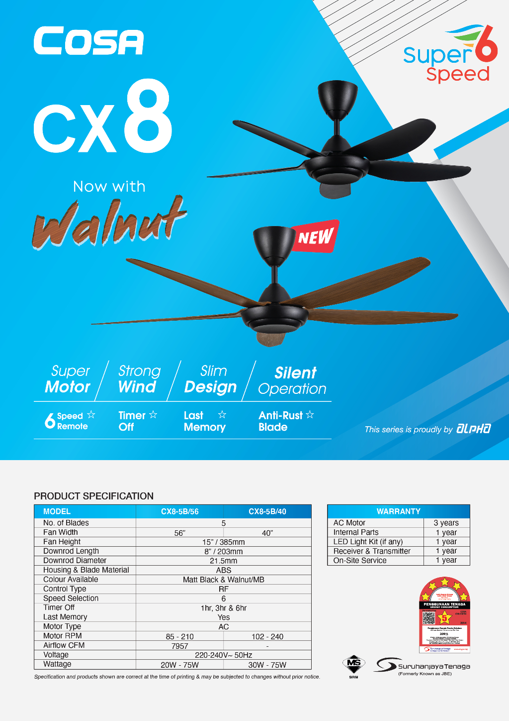 Alpha Ceiling Fan 5 Blade 6 Speeds Matt Black (40”/56”) CX8 / VANNUS ...