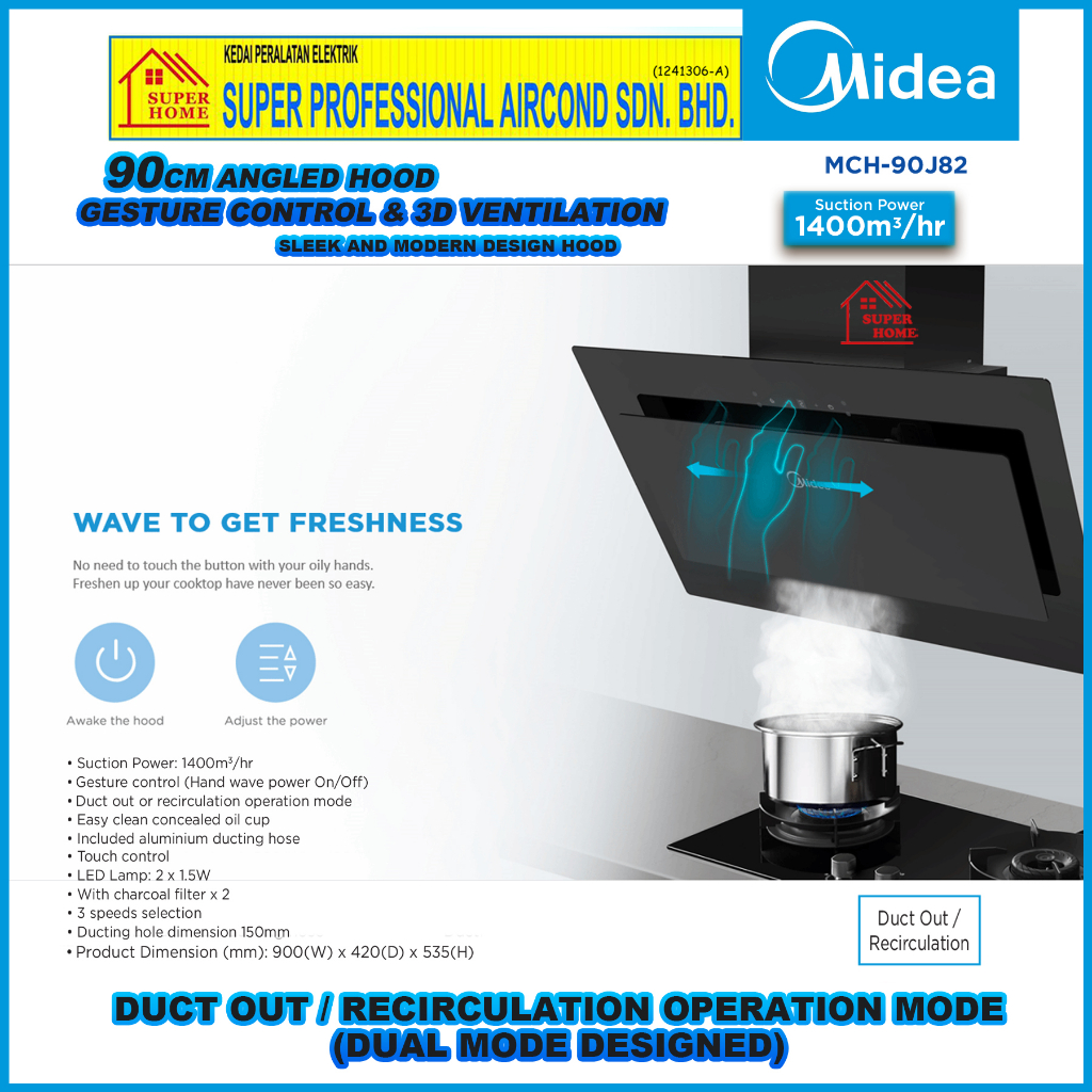 Midea Cooker Hood MCH-90J82 ((Dual Mode Duct Out / Recirculation)) Hand ...
