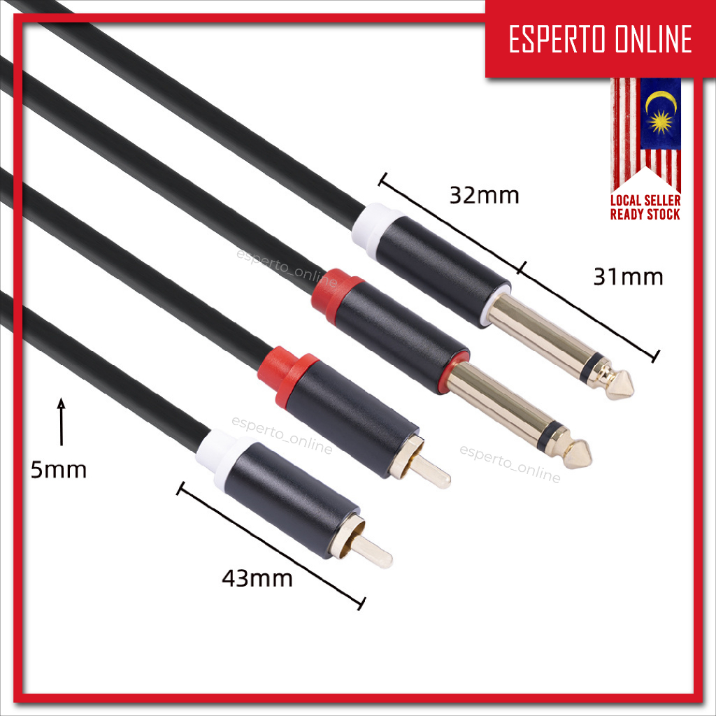 Gold Plated Dual RCA to Dual 6.35mm Mono Audio Cable for Mixer ...