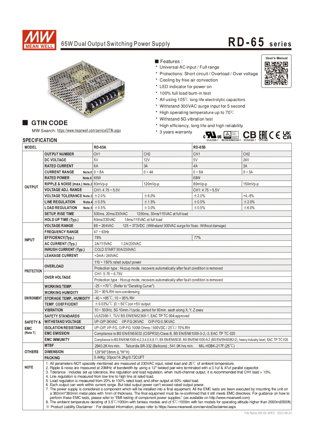 Mean Well RD-65A / RD-65B / RID-65B 65w 5v AC-DC Dual output enclosed ...