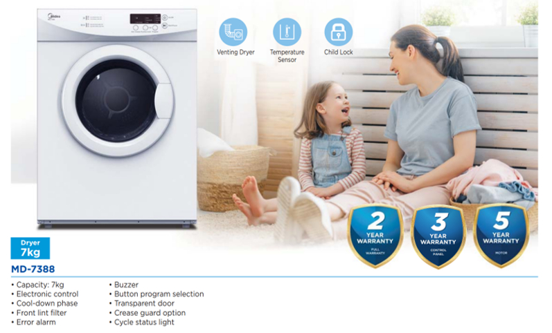 Midea MD-100A70 / MD-7388 Vented Dryer (7 kg) Mesin Pengering Baju 烘干机 ...