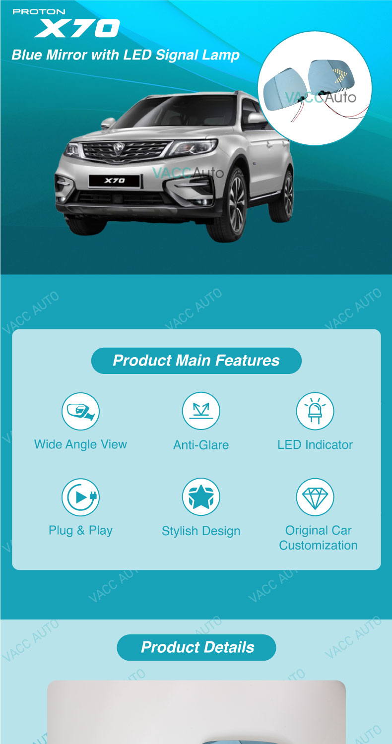 Proton X70 Blue Side Mirror With LED Signal Wide Angle Sight Rear View ...
