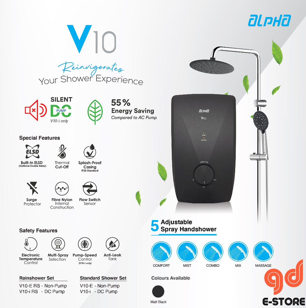 Alpha Water Heater V10 DC Inverter Pump Rain Shower Matt Black V10E V10i RS | Shopee Malaysia