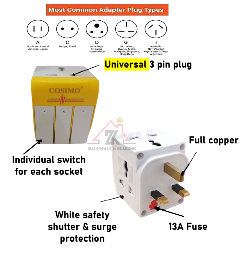 COSIMO 3Way Multi Adaptor Travel Multi Adapter Conversion Plug With ...