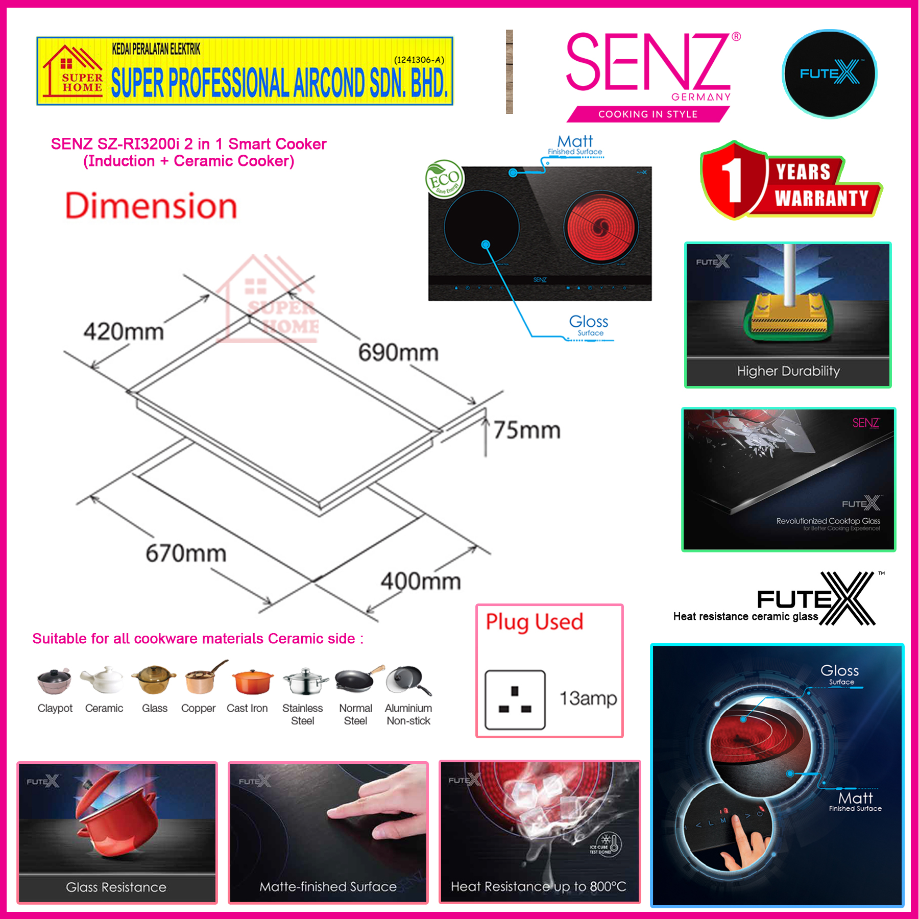 SENZ Ceramic Induction Cooker Hob 2 in 1 Smart Cooker ((Free Gift Color ...