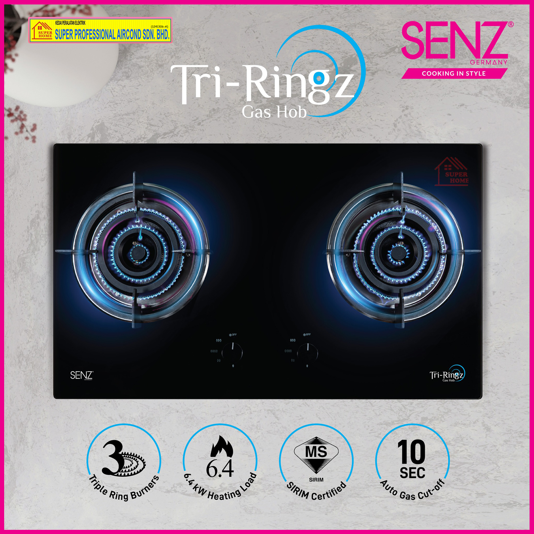 Senz Built-in Hob SZ-GS388Tri-Ringz Twin Burner Gas Stove Safety Device ...