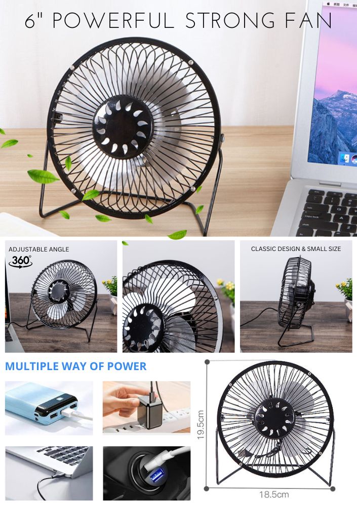 LARGE 6 Inch Table Fan Strong Wind Portable Tabletop Mini Metal USB Fan ...