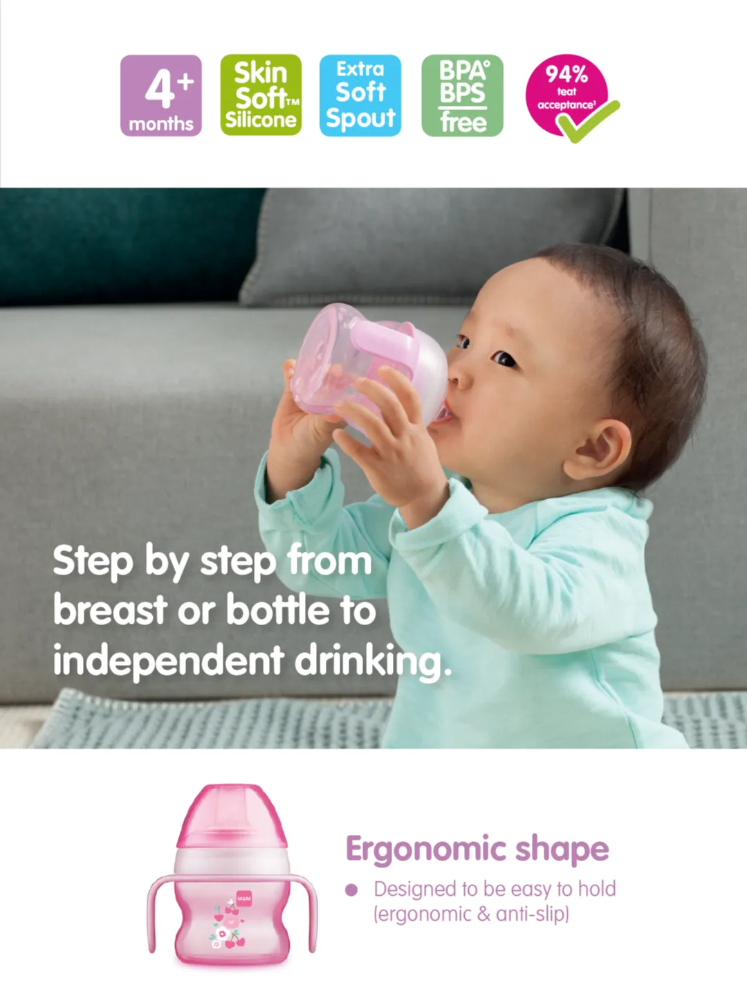 MAM Extra Soft Cup Spouts 4+ Months with SkinSoft Silicone Teat Fits ...