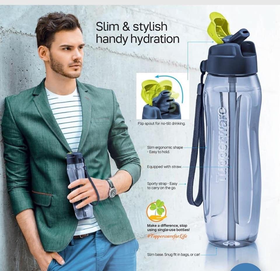 Tupperware Slim Eco Bottle Straw 1L + Strap/ H2GO tumbler 750ml (botol ...