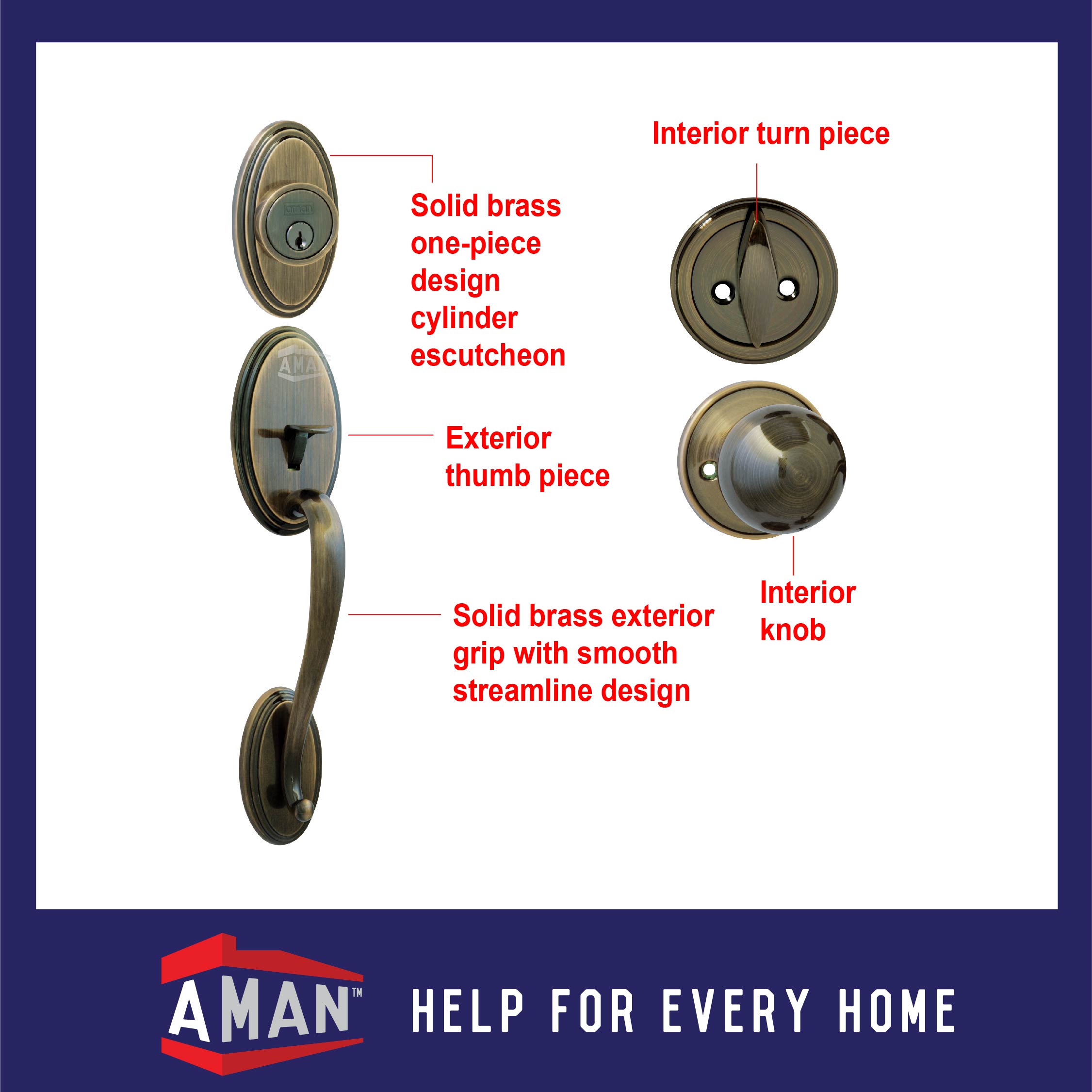 AMAN Entrance Handleset High Quality Solid Brass Main Door Lock Handle ...