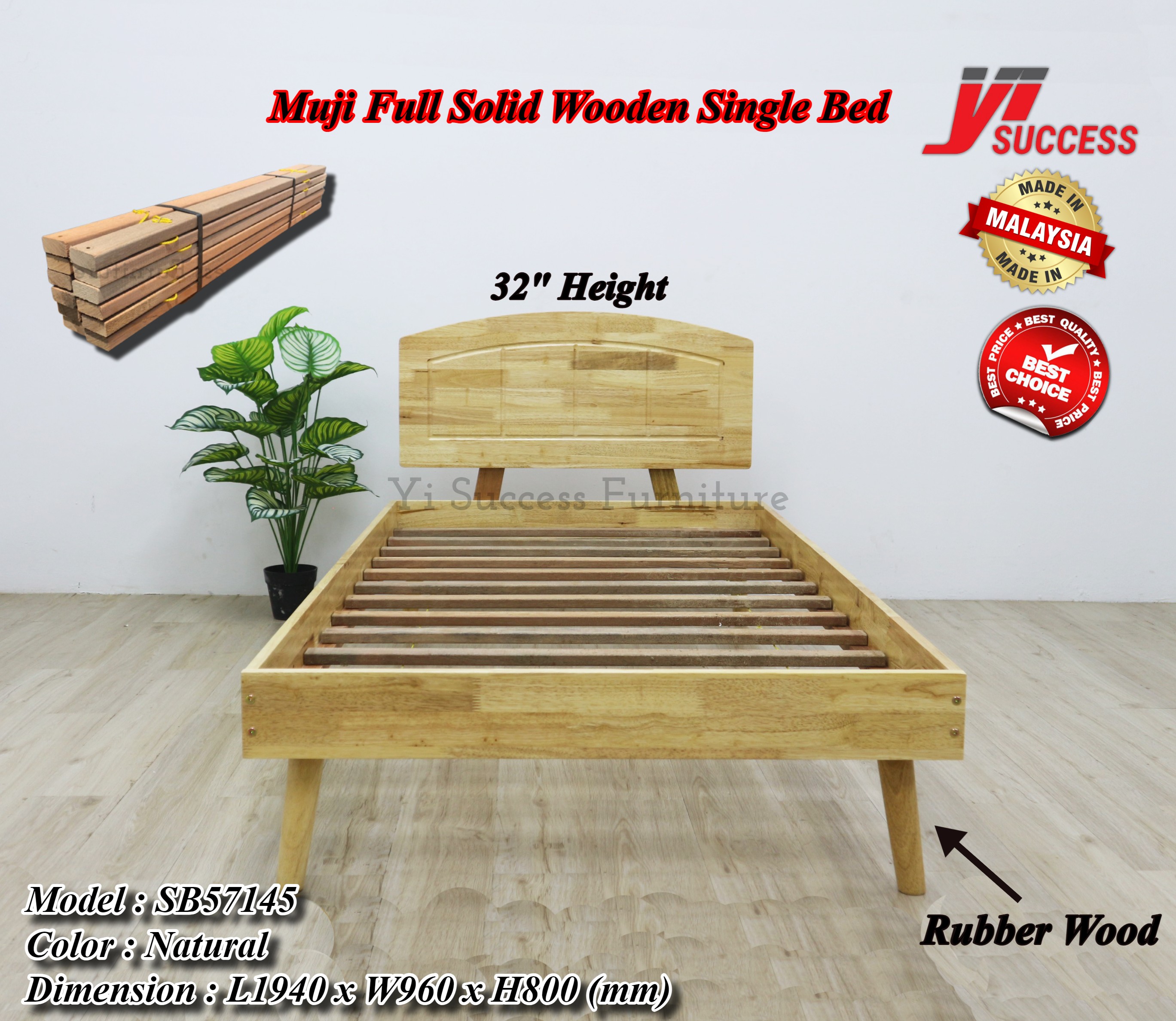 Yi Success Muji Full Solid Wooden Single Bed Frame / Modern Style Wooden Single Bed / Katil ...