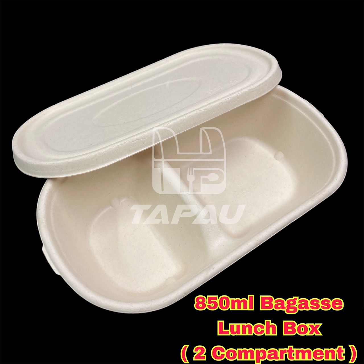 TAPAU - 850ml Oval Bagasse Lunch Box [ 50pcs +- ] / 2 Compartment Bio ...