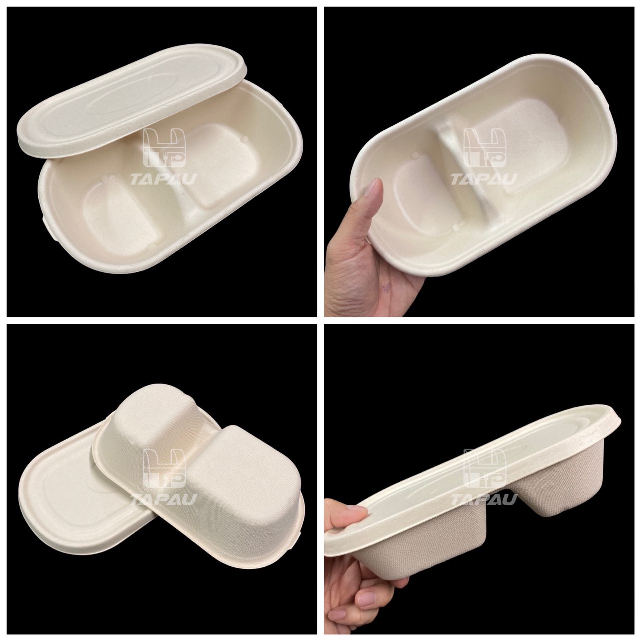 TAPAU - 850ml Oval Bagasse Lunch Box [ 50pcs +- ] / 2 Compartment Bio ...