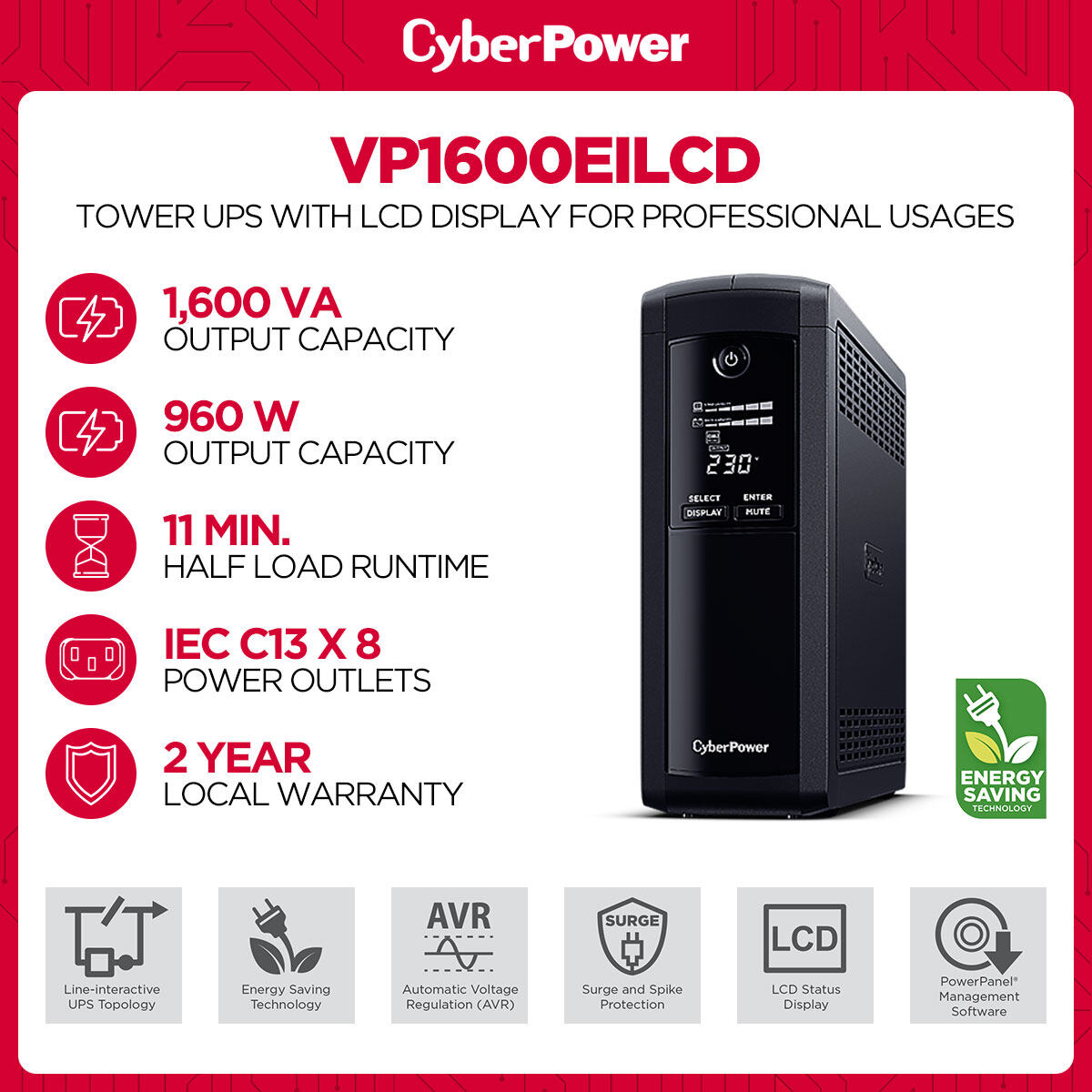 Cyberpower VP1600EILCD 1600VA-960W / VP1000EILCD 1000VA-550W UPS Backup ...
