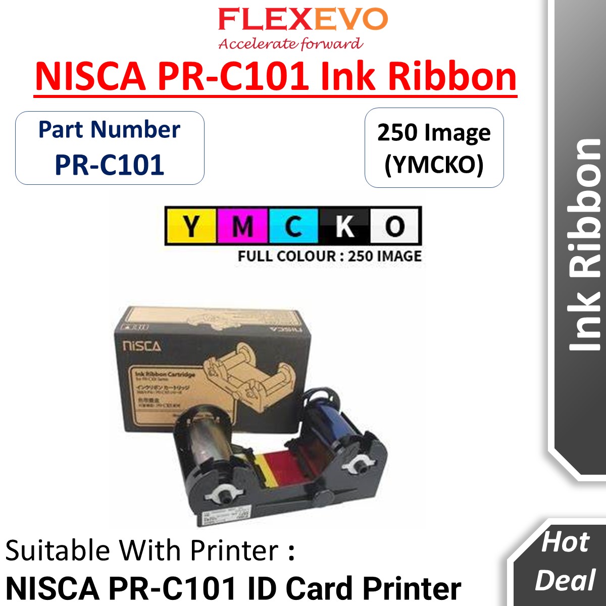 Nisca PR-C101 YMCKO Ink Ribbon Cartridge with Cleaning Card 250 prints PRC101 for ID Card ...
