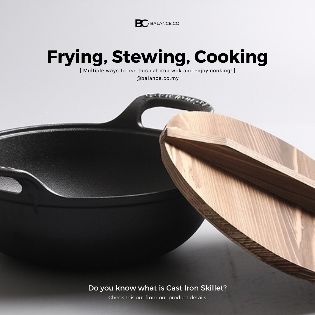 Balance.co Pure Cast Iron Ingot Wok with Wooden Lid Uncoated, Non-Stick ...
