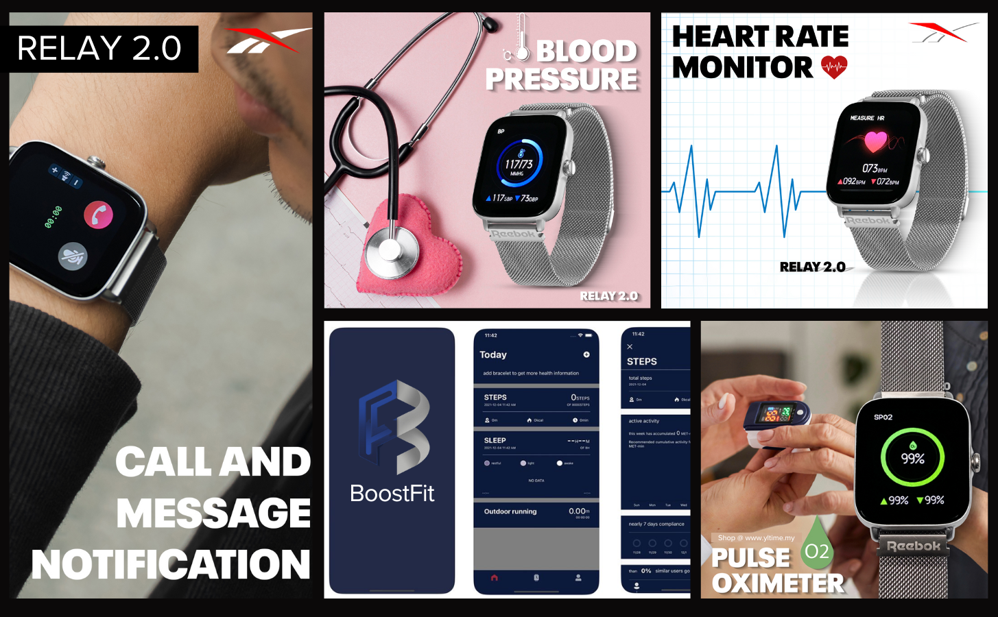 Reebok Smartwatch Relay 3.0 Waterproof Bluetooth Call Sport Watch Heart ...