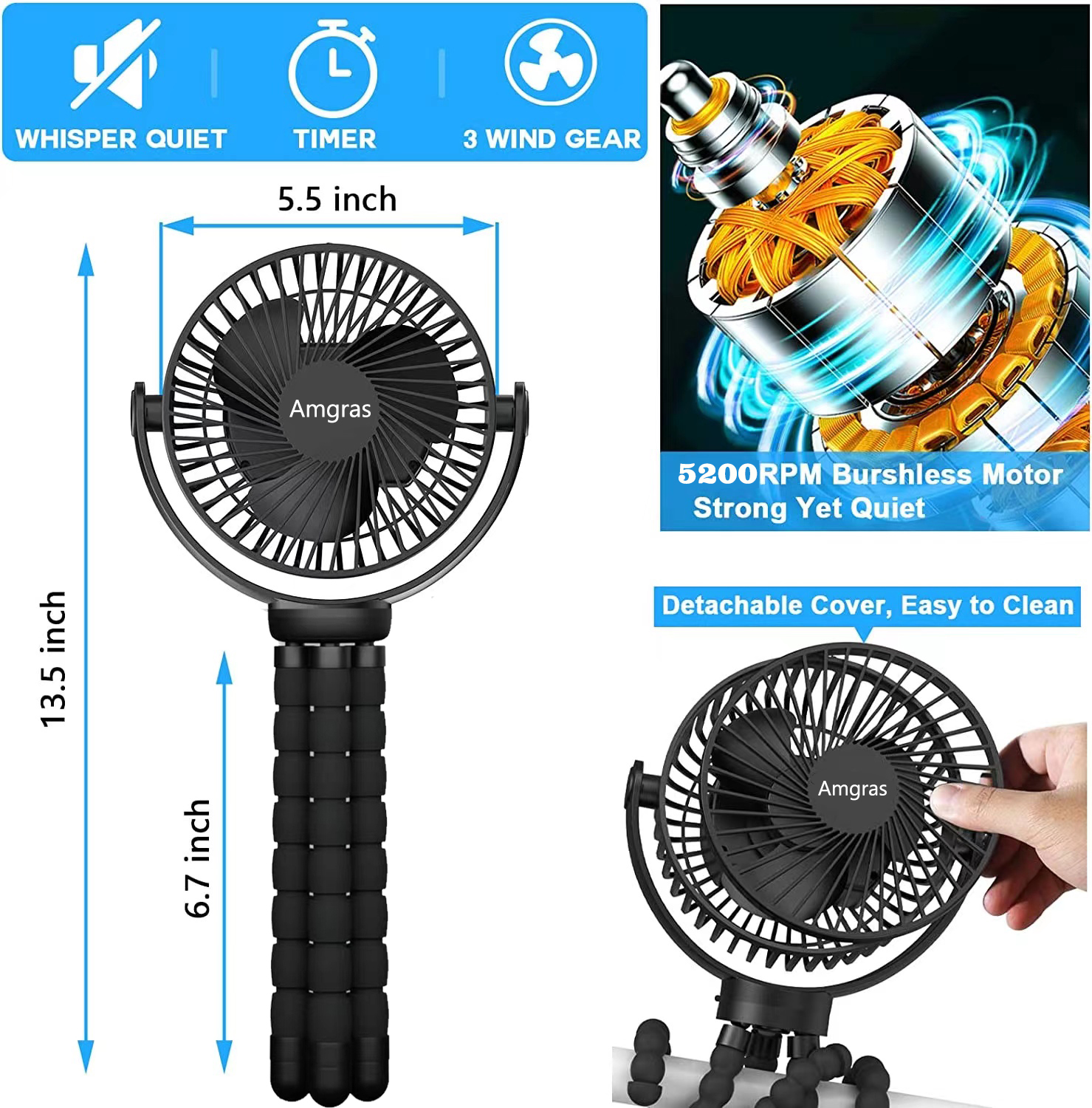 Amgras Stroller Baby Portable Mini Fan Rechargeable 9 Leds/Ultra Quiet ...