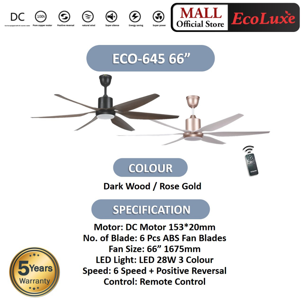 ECOLUXE ECO-645 DC Motor Ceiling Fan with LED Light 6 Speeds Remote ...