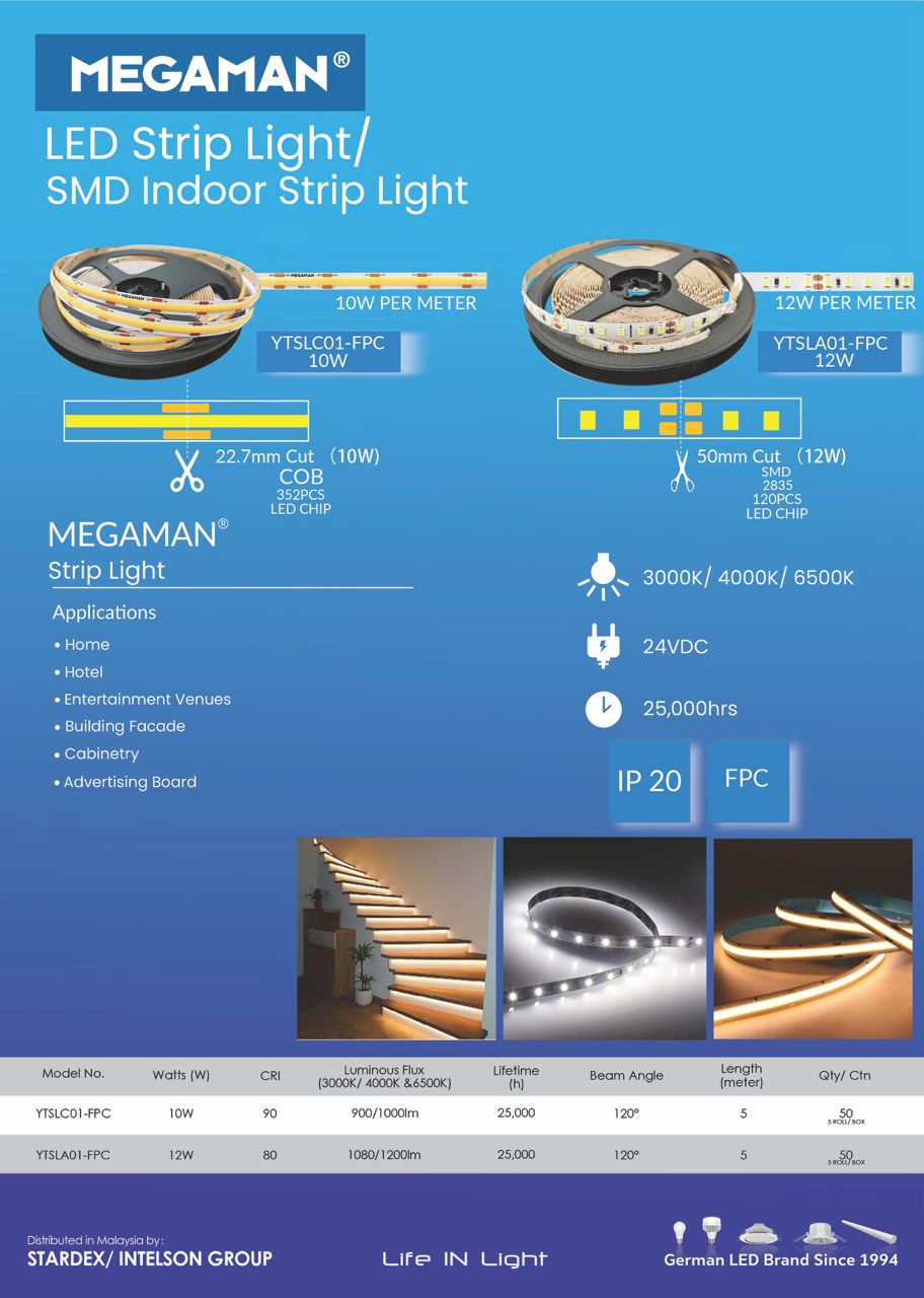 [VHO] Megaman 24v DC COB LED Strip Light 8mm (5 Meter Pack) 352pcs LED ...