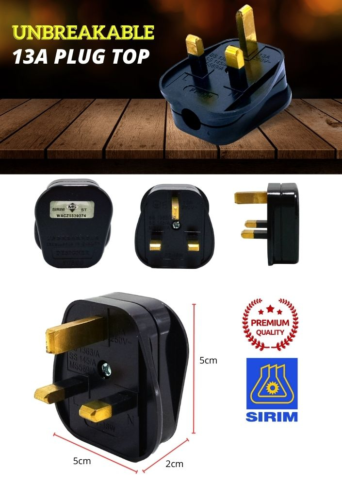 SIRIM Black 13A 3 Pin Plug Top Kepala Plug Elektrik Unbreakable UK ...