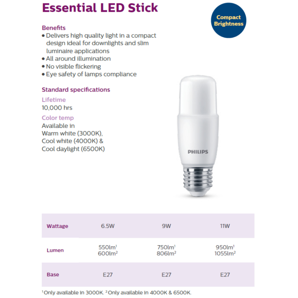 PHILIPS LED Stick Bulb Essential 9W 11W ( 3000K | 4000K | 6500K ) (12 ...