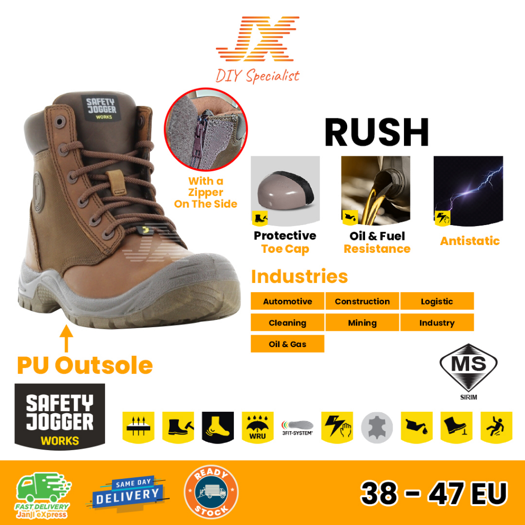Safety Jogger Safety Shoes RUSH Safety Shoes with Zip Brown Middle Cut ...
