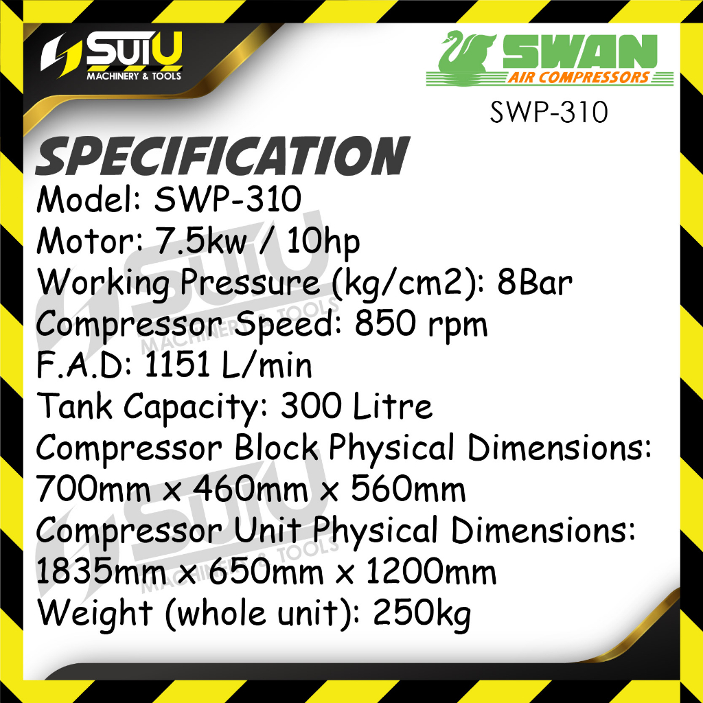 【100% ORIGINAL】SWAN SWP-310 / SWP310 10HP 8Bar 300L Air Compressor ...