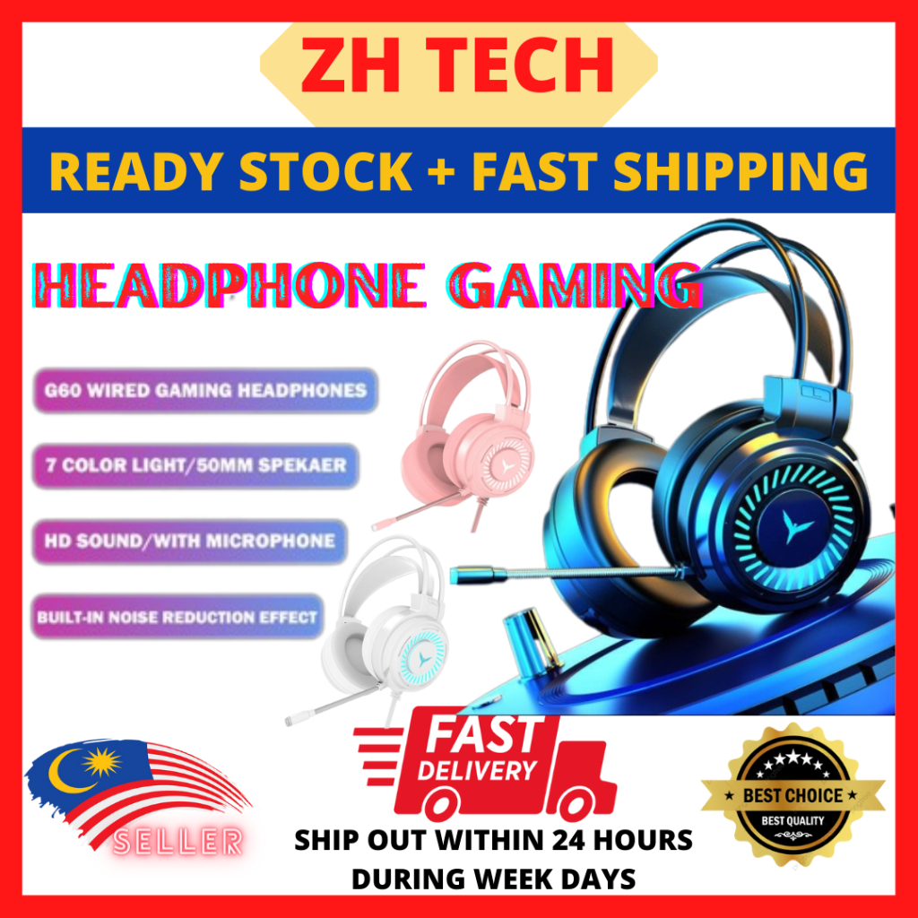 Gaming Headphone with Mic LED Light Wired Headset USB AUX With ...