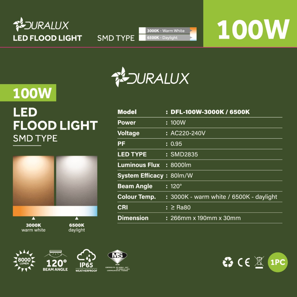 DURALUX 100W SIRIM LED FLOOD LIGHT WITH SURGE PROTECTION SMD PF0.95 ...