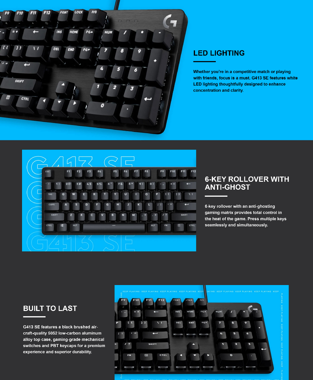 LOGITECH G413 SE Mechanical Gaming Keyboard with PBT Keycaps, Aluminum ...