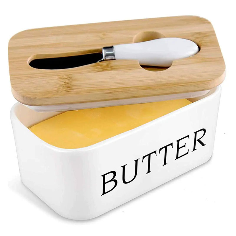𝗪𝗜𝗧𝗛 𝗞𝗡𝗜𝗙𝗘 》Wooden Lid Ceramic Butter Box Food Snack Storage Container ...
