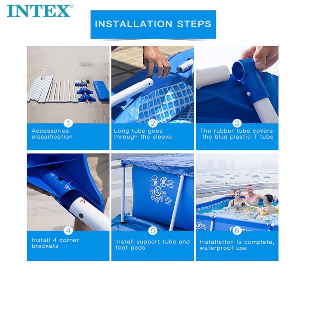 100% Original Intex Rectangular Metal Frame Family Swimming Pool Kolam ...